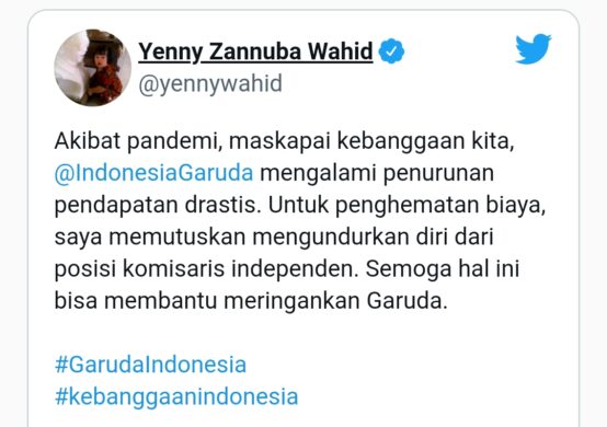 Yenny Mundur dari Komisaris Independen PT Garuda Indonesia - INDOSatu.co - Berani, Jujur Mengabarkan